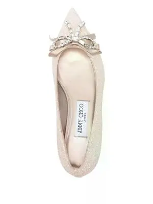 JIMMY CHOO Auria Flat Glitter Ballet Flats With Crystal Bow Detail - Neutrals