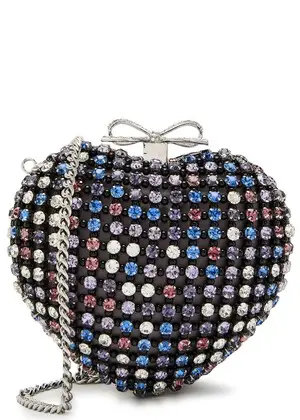 SELF-PORTRAIT Heart Crystal-embellished Satin Clutch - Black