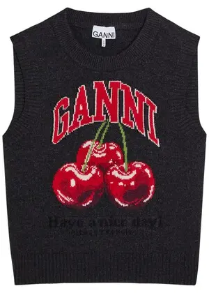 GANNI Logo And Cherry Intarsia Wool-blend Vest - Black