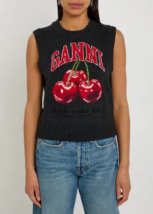 GANNI Logo And Cherry Intarsia Wool-blend Vest - Black