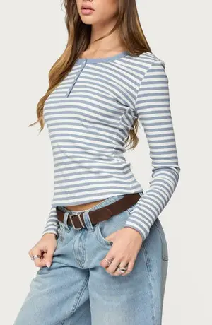 EDIKTED Striped Ribbed Henley Top - Blue