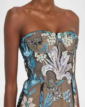 BRONX BANCO Dahlia Strapless Sequined Floral Tulle Gown - Blue Multi