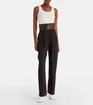Alaïa Leather-trimmed Wool Straight Pants