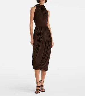 Alaïa Gathered Pleated Halterneck Midi Dress - Brown