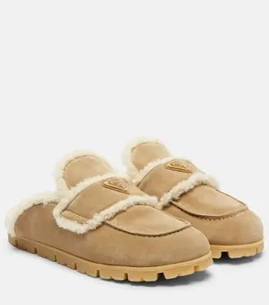 Prada PRADA Shearling-Lined Suede Mules Beige