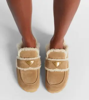Prada Shearling-lined Suede Mules - Beige