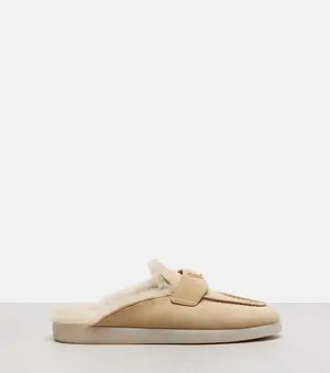 Prada Shearling-lined Suede Mules - Beige