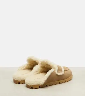 Prada Shearling Lined Suede Mules - Beige