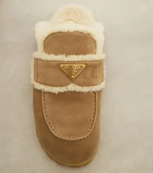 Prada Shearling Lined Suede Mules - Beige