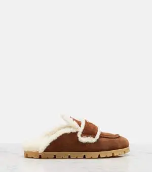 Prada Shearling-lined Suede Mules - Brown