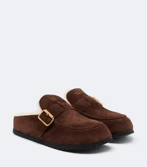 Prada Shearling-lined Suede Mules - Brown