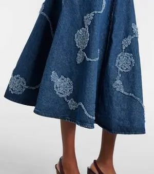 ROTATE BY BIRGER CHRISTENSEN Berty Embroidered Denim Midi Skirt