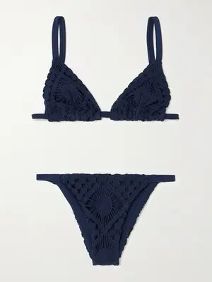 SARA CRISTINA Sun Crocheted Cotton Triangle Bikini - Blue