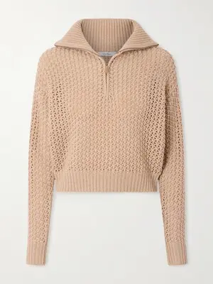 Max Mara Open-knit Metallic Wool-blend Half-zip Sweater - Neutrals