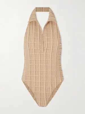 Lisa Marie Fernandez Checked Seersucker Halterneck Swimsuit - Neutrals