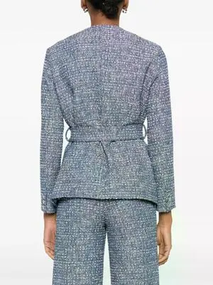 Maje And White Tweed Belted Jacket With Contrast Trim