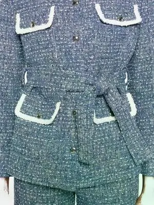 Maje And White Tweed Belted Jacket With Contrast Trim
