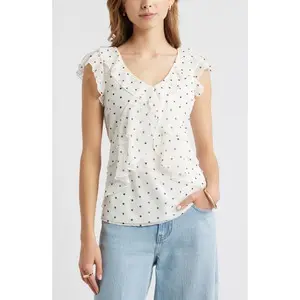 OPEN EDIT Chiffon Ruffle Top - Ivory- Black Corner Dot