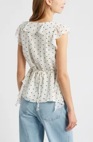 OPEN EDIT Chiffon Ruffle Top - Ivory- Black Corner Dot