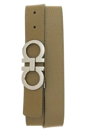 FERRAGAMO Double Gancio Leather Belt - New Olive Nero