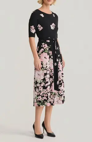 KASPER Floral Tie Belt A-line Dress - Black/tutu Multi