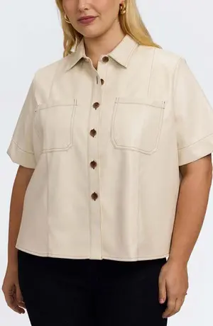 Foxcroft Demi Elbow Sleeve Faux Leather Button-up Shirt - Cream