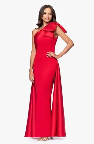 Betsy & Adam Bow One-shoulder Mikado Gown - Red