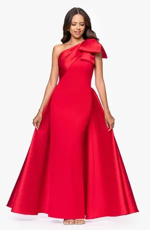 Betsy & Adam Bow One-shoulder Mikado Gown - Red