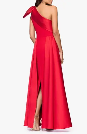 Betsy & Adam Bow One-shoulder Mikado Gown - Red