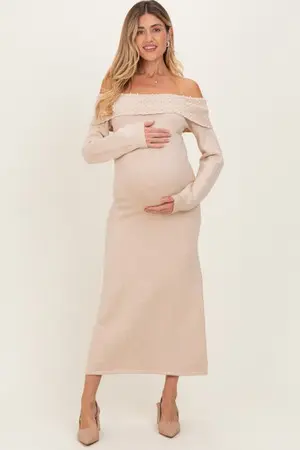 PINKBLUSH Off Shoulder Faux Pearl Embellished Sweater Dress - Beige