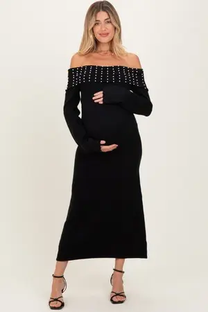PINKBLUSH Off Shoulder Faux Pearl Embellished Sweater Dress - Black