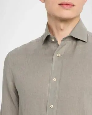 Brunello Cucinelli Apos;s Linen And Cotton Band Collar Button-down Shirt - Khak
