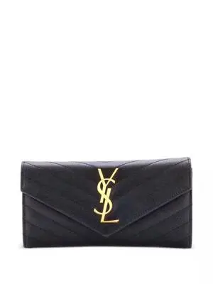 Saint Laurent Classic Monogram Flap Wallet Matelasse Chevron Leather Large Small Wallets - Black