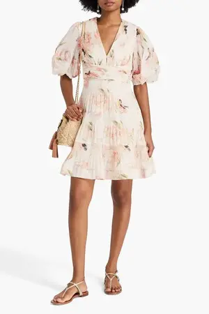 Zimmermann Floral-print Plissé Organza Mini Dress - Ecru