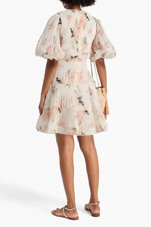 Zimmermann Floral-print Plissé Organza Mini Dress - Ecru