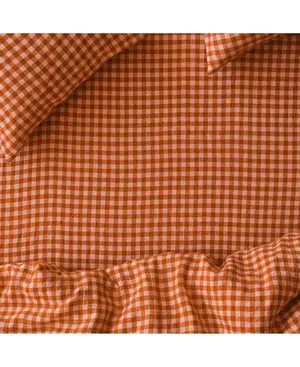 PIGLET IN BED Colour Drenched Gingham Linen Fitted Sheet, Full - Cinnamon/peach