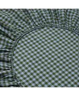 PIGLET IN BED Colour Drenched Gingham Linen Fitted Sheet, Full - Fern Green/dusk Blue