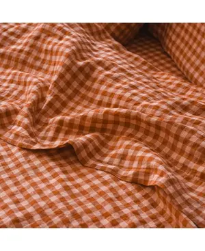 PIGLET IN BED Colour Drenched Gingham Linen Blend Flat Sheet, Queen - Cinnamon/peach