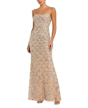 Mac Duggal Sleeveless Scoop Neck Rhinestone Embellished Gown - Silver