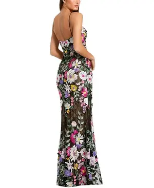Mac Duggal Floral Embroidered Sleeveless Bustier Gown - Black Multi
