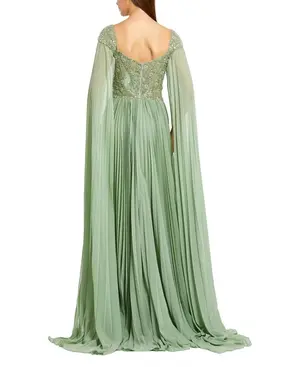 Mac Duggal Cape Sleeve Pleated Charmeuse Beaded Gown