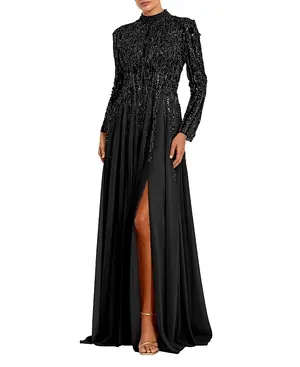 Mac Duggal Embellished Long Sleeve High Neck Gown - Black