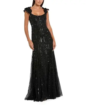 Mac Duggal Sleeveless Mesh Gown With Floral Shoulder Detail - Black