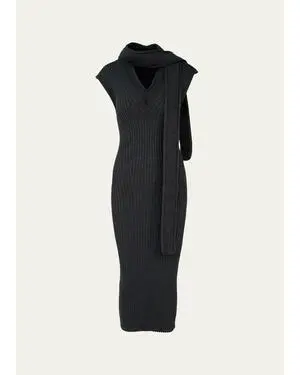 AISLING CAMPS Scarf-neck Rib Knit Midi Dress - Grey