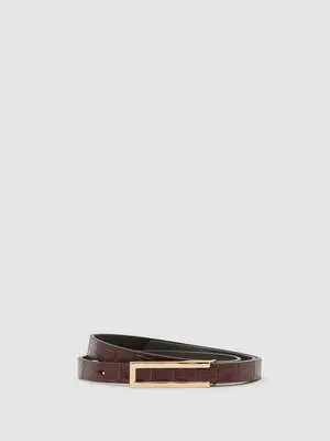 REISS Bronya Leather Crocodile-effect Belt - Burgundy
