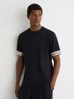 REISS Aries Textured Tape-cuff Modern-fit T-shirt - Navy