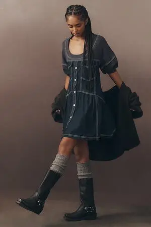 PILCRO Denim Sweatshirt Twofer Swing Dress - Navy