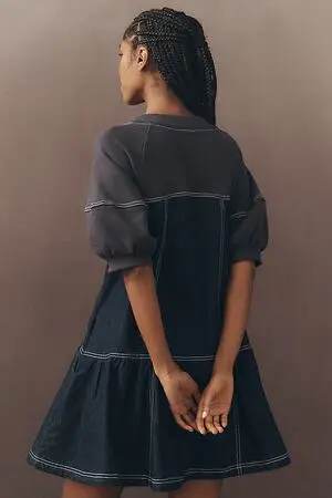 PILCRO Denim Sweatshirt Twofer Swing Dress - Navy