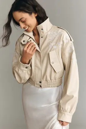 Anthropologie Faux-leather Embroidered Moto Jacket - Fog