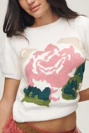 Anthropologie Puff Sleeve Rose Icon Sweater